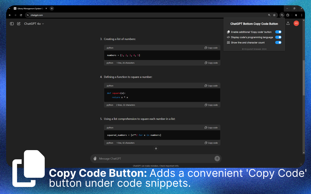 ChatGPT Bottom Copy Code Button & Statistics β Adoptez cette extension ... ChatGPT Bottom Copy Code Button & Statistics β Adoptez cette extension ...